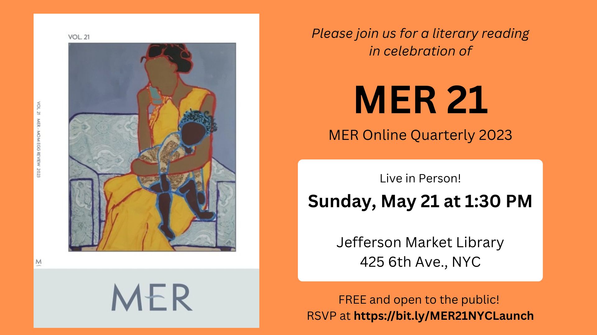 MER 21 Launch Reading - Sunday May 21 in NYC - MER - Mom Egg Review